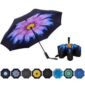 noorny inverted umbrella double layer automatic folding reserve umbrella windproof uv protection for rain car travel outdoor men women purple flower