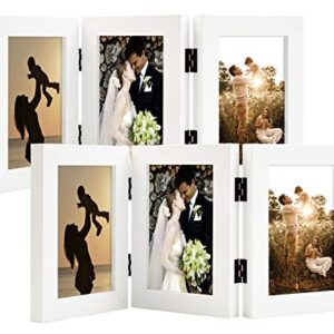 Golden State Art, 4x6 Three Picture Frame Trifold Hinged Photo Frame with 3 Openings, Desk Top Family Picture Collage, with Real Glass (4x6 Triple, White, 2-Pack)