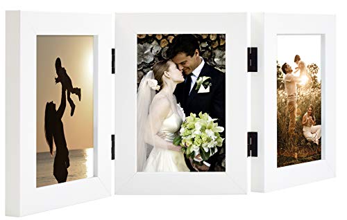 Golden State Art, 4x6 Three Picture Frame Trifold Hinged Photo Frame with 3 Openings, Desk Top Family Picture Collage, with Real Glass (4x6 Triple, White, 2-Pack)