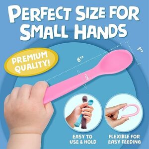 MONEE Baby Spoons | Gentle on Gums Silicone Baby Spoon | BPA-Free Dishwasher Safe Baby Utensils 6-12 Months | Baby Spoons Self Feeding 6+ Months | Silicone Feeding Supplies (Pink & Green)