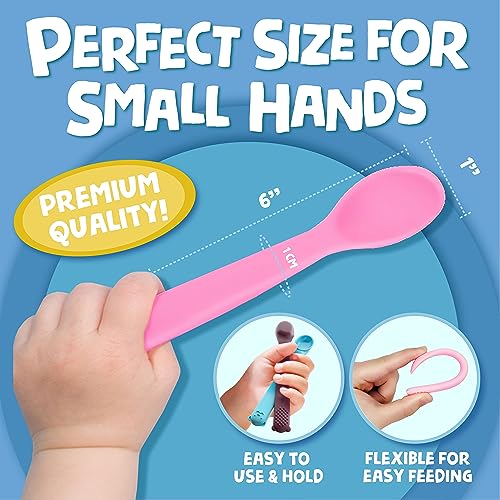 MONEE Baby Spoons | Gentle on Gums Silicone Baby Spoon | BPA-Free Dishwasher Safe Baby Utensils 6-12 Months | Baby Spoons Self Feeding 6+ Months | Silicone Feeding Supplies (Pink & Green)