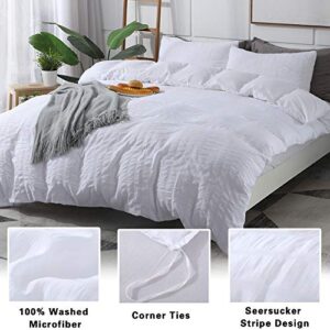 AveLom White Duvet Cover Queen (90 x 90 Inches)， 3 Pieces (1 Duvet Cover + 2 Pillow Cases) Stripe Zipper Closure Corner Ties Soft Washed Microfiber Duvet Cover for Men, Women