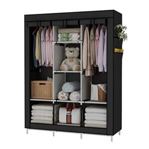 udear portable wardrobe closet clothes organizer non-woven fabric cover with 6 storage shelves, 2 hanging sections and 4 side pockets，black