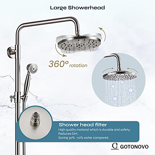 Shower Faucet Set Exposed 8 Rain Shower 2 Double Knobs Handle Brushed Nickel Triple Function Tub Spout Shower Fixture Combo System Unit Set