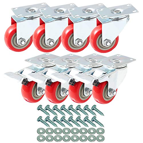 8 Pack 3 Inch Combo Caster Swivel Plate 4 w/Brake & 4 Plate Heavy Duty on Red PU Wheels with Heavy Duty Screws