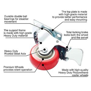 8 Pack 3 Inch Combo Caster Swivel Plate 4 w/Brake & 4 Plate Heavy Duty on Red PU Wheels with Heavy Duty Screws