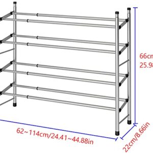 TZAMLI 4-Tier Free Standing Shoe Rack Metal Iron of Expandable and Adjustable Shoes Organizer, Stackable Shoe Shelf for Entryway Doorway, 24.41" x 8.66" x 25.98" (Silver Gray, 4-Tier)