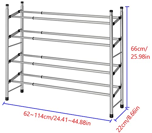 TZAMLI 4-Tier Free Standing Shoe Rack Metal Iron of Expandable and Adjustable Shoes Organizer, Stackable Shoe Shelf for Entryway Doorway, 24.41" x 8.66" x 25.98" (Silver Gray, 4-Tier)