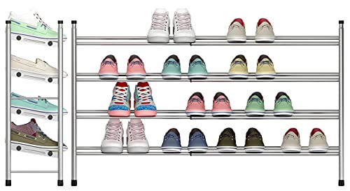 TZAMLI 4-Tier Free Standing Shoe Rack Metal Iron of Expandable and Adjustable Shoes Organizer, Stackable Shoe Shelf for Entryway Doorway, 24.41" x 8.66" x 25.98" (Silver Gray, 4-Tier)