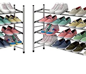 TZAMLI 4-Tier Free Standing Shoe Rack Metal Iron of Expandable and Adjustable Shoes Organizer, Stackable Shoe Shelf for Entryway Doorway, 24.41" x 8.66" x 25.98" (Silver Gray, 4-Tier)