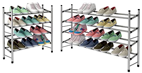 TZAMLI 4-Tier Free Standing Shoe Rack Metal Iron of Expandable and Adjustable Shoes Organizer, Stackable Shoe Shelf for Entryway Doorway, 24.41" x 8.66" x 25.98" (Silver Gray, 4-Tier)