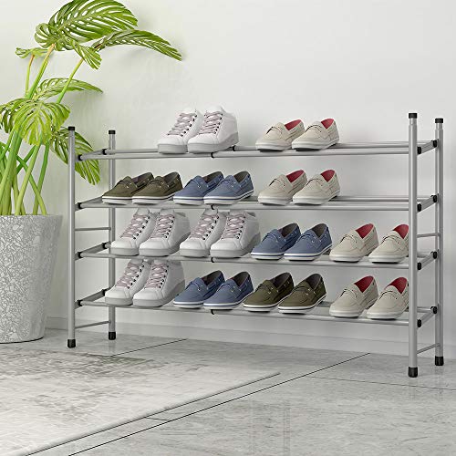 TZAMLI 4-Tier Free Standing Shoe Rack Metal Iron of Expandable and Adjustable Shoes Organizer, Stackable Shoe Shelf for Entryway Doorway, 24.41" x 8.66" x 25.98" (Silver Gray, 4-Tier)