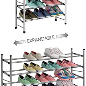 TZAMLI 4-Tier Free Standing Shoe Rack Metal Iron of Expandable and Adjustable Shoes Organizer, Stackable Shoe Shelf for Entryway Doorway, 24.41" x 8.66" x 25.98" (Silver Gray, 4-Tier)