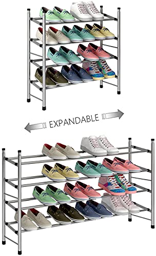 TZAMLI 4-Tier Free Standing Shoe Rack Metal Iron of Expandable and Adjustable Shoes Organizer, Stackable Shoe Shelf for Entryway Doorway, 24.41" x 8.66" x 25.98" (Silver Gray, 4-Tier)