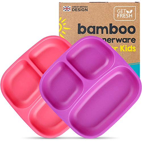 GET FRESH Bamboo Kids Divided Plates Set – 2-Pack 3 Compartment Bamboo Childrens Plates for Kids Meals – Reusable Bamboo Toddler Divided Plates Set – Colorful Bamboo Kids Dinnerware Sectioned Plates