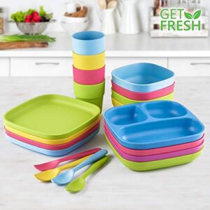 GET FRESH Bamboo Kids Divided Plates Set – 2-Pack 3 Compartment Bamboo Childrens Plates for Kids Meals – Reusable Bamboo Toddler Divided Plates Set – Colorful Bamboo Kids Dinnerware Sectioned Plates