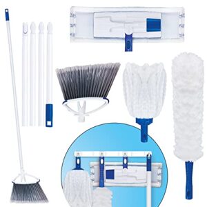 lola products 6-in-1 cleaning kit & storage system | space saver | 3 mops, 1 broom, 1 storage rack & 1 handle | cleans dirt, grime, dust, & pet hair | wall mount holder, floor cleaner & dusting