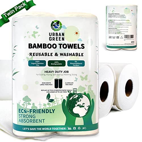 Reusable Bamboo Towels by Urban Green, Large size 2 rolls 60 sheets (Heavy Duty)