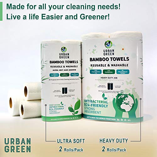 Reusable Bamboo Towels by Urban Green, Large size 2 rolls 60 sheets (Heavy Duty)