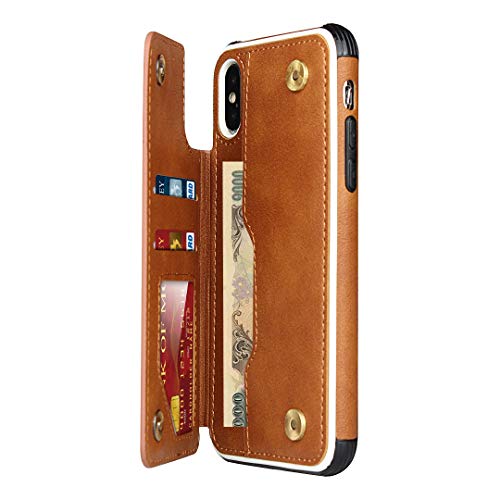 Cavor for iPhone X Wallet Case with Card Holder,iPhone Xs Case for Women Men,Phone Case iPhone X with Credit Card Holders,Leather Card Slots Cases[Kickstand][Wrist Strap] Shockproof Cover- Brown