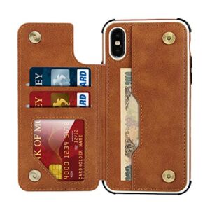 Cavor for iPhone X Wallet Case with Card Holder,iPhone Xs Case for Women Men,Phone Case iPhone X with Credit Card Holders,Leather Card Slots Cases[Kickstand][Wrist Strap] Shockproof Cover- Brown