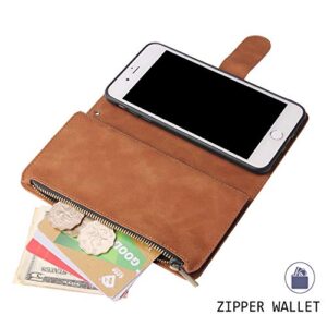 UEEBAI Wallet Case for iPhone SE 2022 5G/iPhone 7/iPhone 8/iPhone SE 2020, Premium PU Leather Magnetic Handbag Zipper Pocket Card Slots with Wrist Strap Flip Case for iPhone SE3/SE2 - Brown