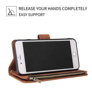 UEEBAI Wallet Case for iPhone SE 2022 5G/iPhone 7/iPhone 8/iPhone SE 2020, Premium PU Leather Magnetic Handbag Zipper Pocket Card Slots with Wrist Strap Flip Case for iPhone SE3/SE2 - Brown