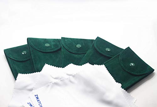 Green Velvet Watch Pouch w/Insert and Premium Microfiber Cloth 5-pack