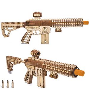 wood trick assault gun ar-t model kit for adults and teens to build - with telescoping butt, fuse, sight and clip for 12 rounds - detailed construction - 23x8″ - 3d wooden puzzle - 14+