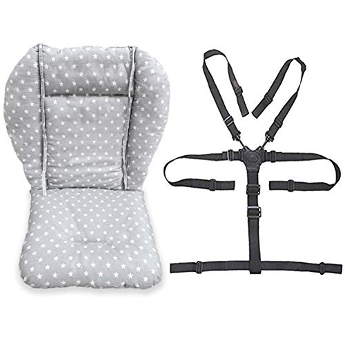 Twoworld Baby High Chair Seat Cushion Liner Mat Pad Cover Resistant and High Chair Straps (5 Point Harness) 1 Suit (Fashion Gray)