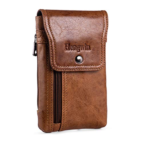 Hengwin Phone Holster Case with Belt Clip, Genuine Leather Belt Pouch Belt Case Cell Phone Holder for iPhone 14 Pro Max 11 Pro Max Xs Max XR 7 Plus 8 Plus 6s Plus (Fits Cellphone with Case On) (Brown)