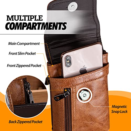 Hengwin Phone Holster Case with Belt Clip, Genuine Leather Belt Pouch Belt Case Cell Phone Holder for iPhone 14 Pro Max 11 Pro Max Xs Max XR 7 Plus 8 Plus 6s Plus (Fits Cellphone with Case On) (Brown)