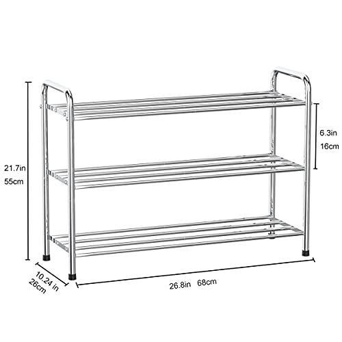 FANHAO 3-Tier Shoe Rack, 100% Stainless Steel Shoe Storage Organizer, Stackable 9-Pair Storage Shelf for Bedroom, Closet, Entryway, Dorm Room, 26.8" W x 10.24" D x21.7 H (Silver)