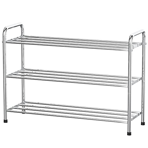 FANHAO 3-Tier Shoe Rack, 100% Stainless Steel Shoe Storage Organizer, Stackable 9-Pair Storage Shelf for Bedroom, Closet, Entryway, Dorm Room, 26.8" W x 10.24" D x21.7 H (Silver)