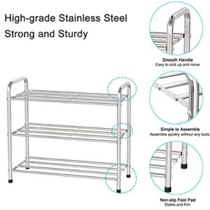 FANHAO 3-Tier Shoe Rack, 100% Stainless Steel Shoe Storage Organizer, Stackable 9-Pair Storage Shelf for Bedroom, Closet, Entryway, Dorm Room, 26.8" W x 10.24" D x21.7 H (Silver)