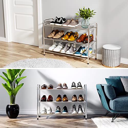 FANHAO 3-Tier Shoe Rack, 100% Stainless Steel Shoe Storage Organizer, Stackable 9-Pair Storage Shelf for Bedroom, Closet, Entryway, Dorm Room, 26.8" W x 10.24" D x21.7 H (Silver)