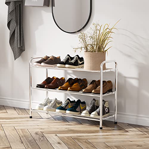 FANHAO 3-Tier Shoe Rack, 100% Stainless Steel Shoe Storage Organizer, Stackable 9-Pair Storage Shelf for Bedroom, Closet, Entryway, Dorm Room, 26.8" W x 10.24" D x21.7 H (Silver)