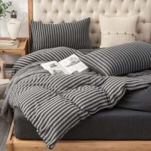 pure era jersey knit duvet cover set 100% t-shirt heather cotton super soft comfy classic striped design, with zipper closure, charcoal dark grey stripe, queen