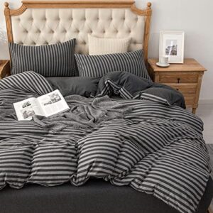 PURE ERA Jersey Knit Duvet Cover Set 100% T-Shirt Heather Cotton Super Soft Comfy Classic Striped Design, with Zipper Closure, Charcoal Dark Grey Stripe, Queen