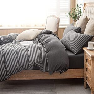 PURE ERA Jersey Knit Duvet Cover Set 100% T-Shirt Heather Cotton Super Soft Comfy Classic Striped Design, with Zipper Closure, Charcoal Dark Grey Stripe, Queen