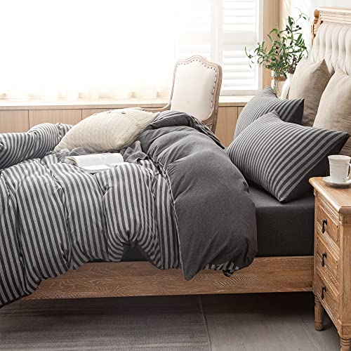 PURE ERA Jersey Knit Duvet Cover Set 100% T-Shirt Heather Cotton Super Soft Comfy Classic Striped Design, with Zipper Closure, Charcoal Dark Grey Stripe, Queen