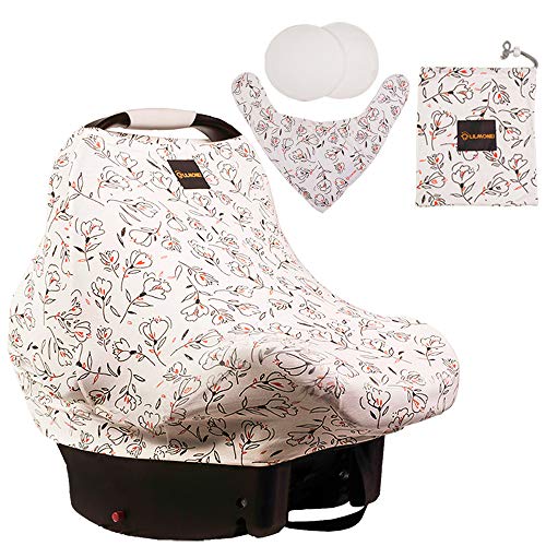 Lilmonki Nursing Scarf Multi-Use - Breathable Car Seat, Stroller, and Cart Cover for Babies - Colorful Tulip Print - Bandana Bib, Pouch & Nursing Pads Included