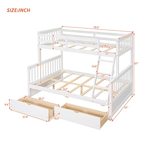 Harper & Bright Designs Bunk Bed with Drawers, Twin Over Full Bunk Bed, Solid Wood Bunk Bed Frame with Ladders & 2 Storage Drawers, Bedroom Furniture(White, Twin/Full with Drawers)