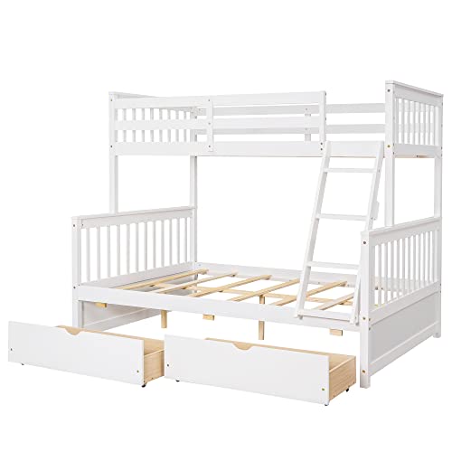 Harper & Bright Designs Bunk Bed with Drawers, Twin Over Full Bunk Bed, Solid Wood Bunk Bed Frame with Ladders & 2 Storage Drawers, Bedroom Furniture(White, Twin/Full with Drawers)