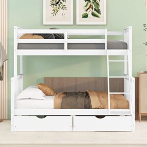 Harper & Bright Designs Bunk Bed with Drawers, Twin Over Full Bunk Bed, Solid Wood Bunk Bed Frame with Ladders & 2 Storage Drawers, Bedroom Furniture(White, Twin/Full with Drawers)