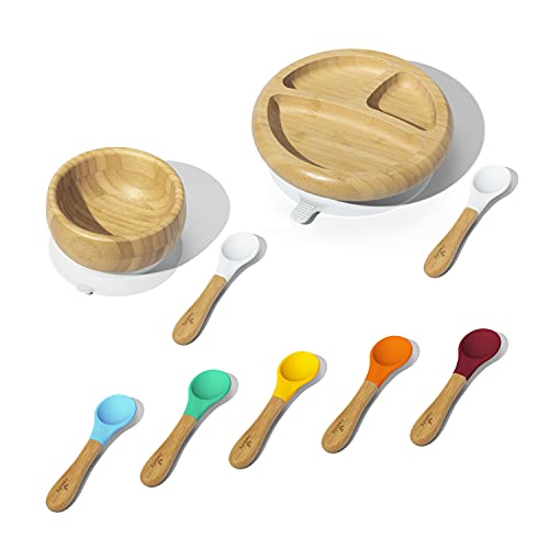 Avanchy Bamboo Baby Plate - Silicone Suction - Suction Plates and Bowls for Toddlers - 9 Months and Older - 7" x 2" (Rainbow Gift Set White)