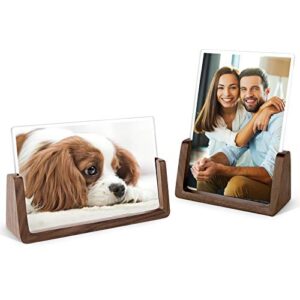 mixoo picture frame 2 pack - rustic wooden photo frames with walnut wood base and high definition break free acrylic glass covers for tabletop or desktop display (4x6 inch, horizontal + vertical)