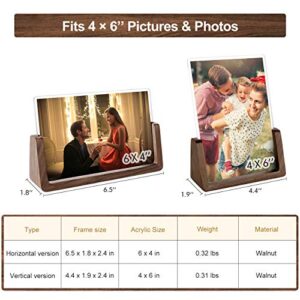 Mixoo Picture Frame 2 Pack - Rustic Wooden Photo Frames with Walnut Wood Base and High Definition Break Free Acrylic Glass Covers for Tabletop or Desktop Display (4x6 inch, Horizontal + Vertical)