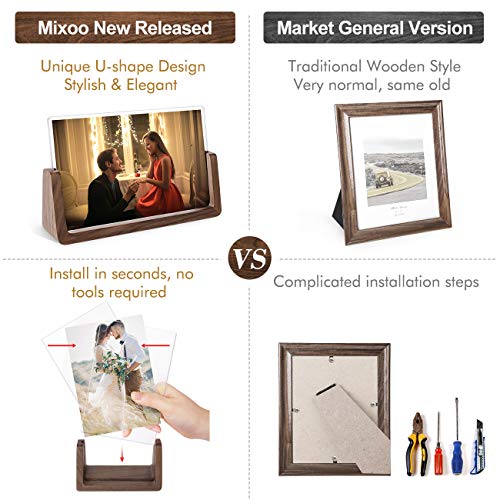 Mixoo Picture Frame 2 Pack - Rustic Wooden Photo Frames with Walnut Wood Base and High Definition Break Free Acrylic Glass Covers for Tabletop or Desktop Display (4x6 inch, Horizontal + Vertical)