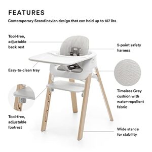 Stokke Steps Complete - Natural Legs, White Seat & Grey Cushion - 5-in-1 Seat System - Includes Baby Set, Tray & Cushion - for Babies 6-36 Months - Chair Holds Up to 187 lbs - Tool Free & Adjustable